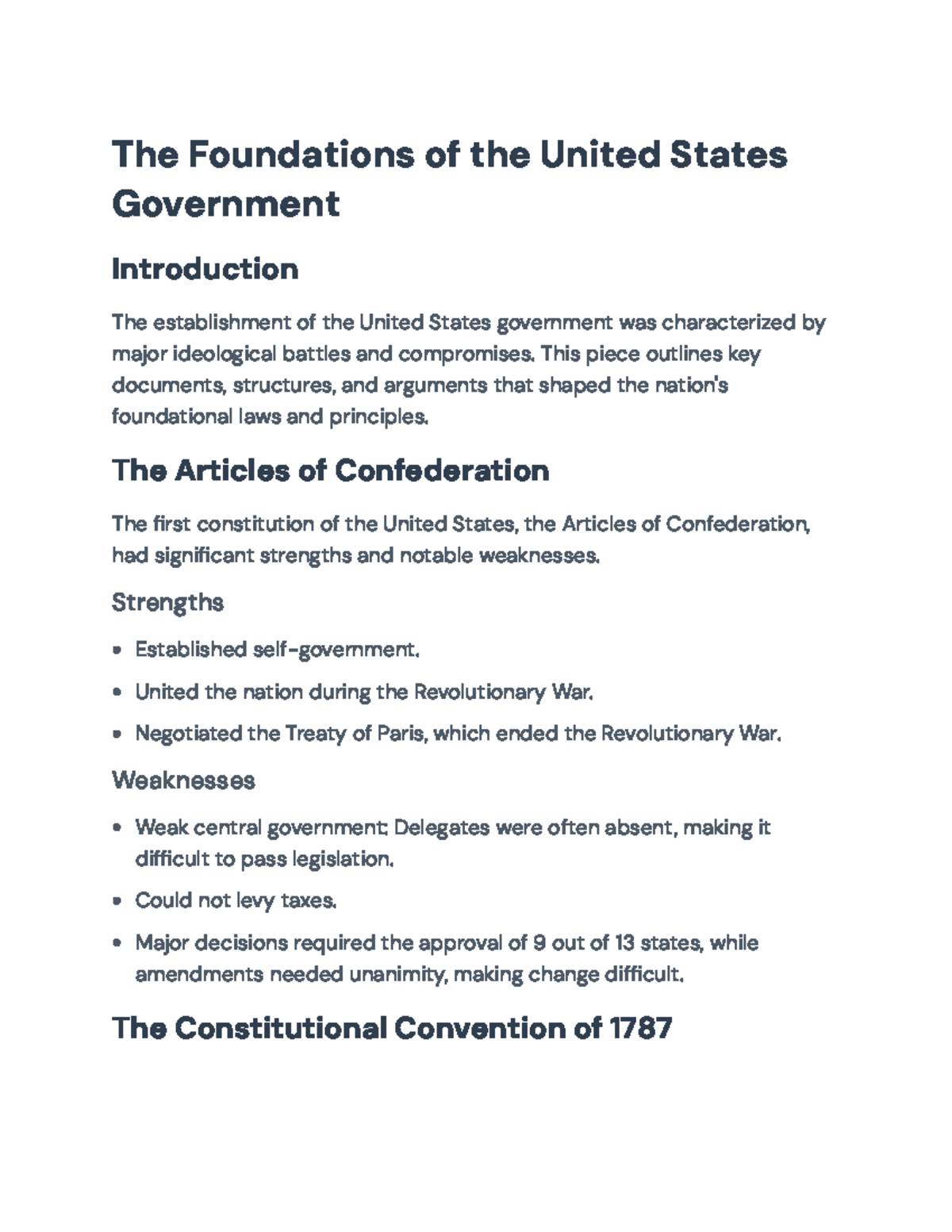 Foundational Concepts of U.S. Government: Articles to Constitution ...