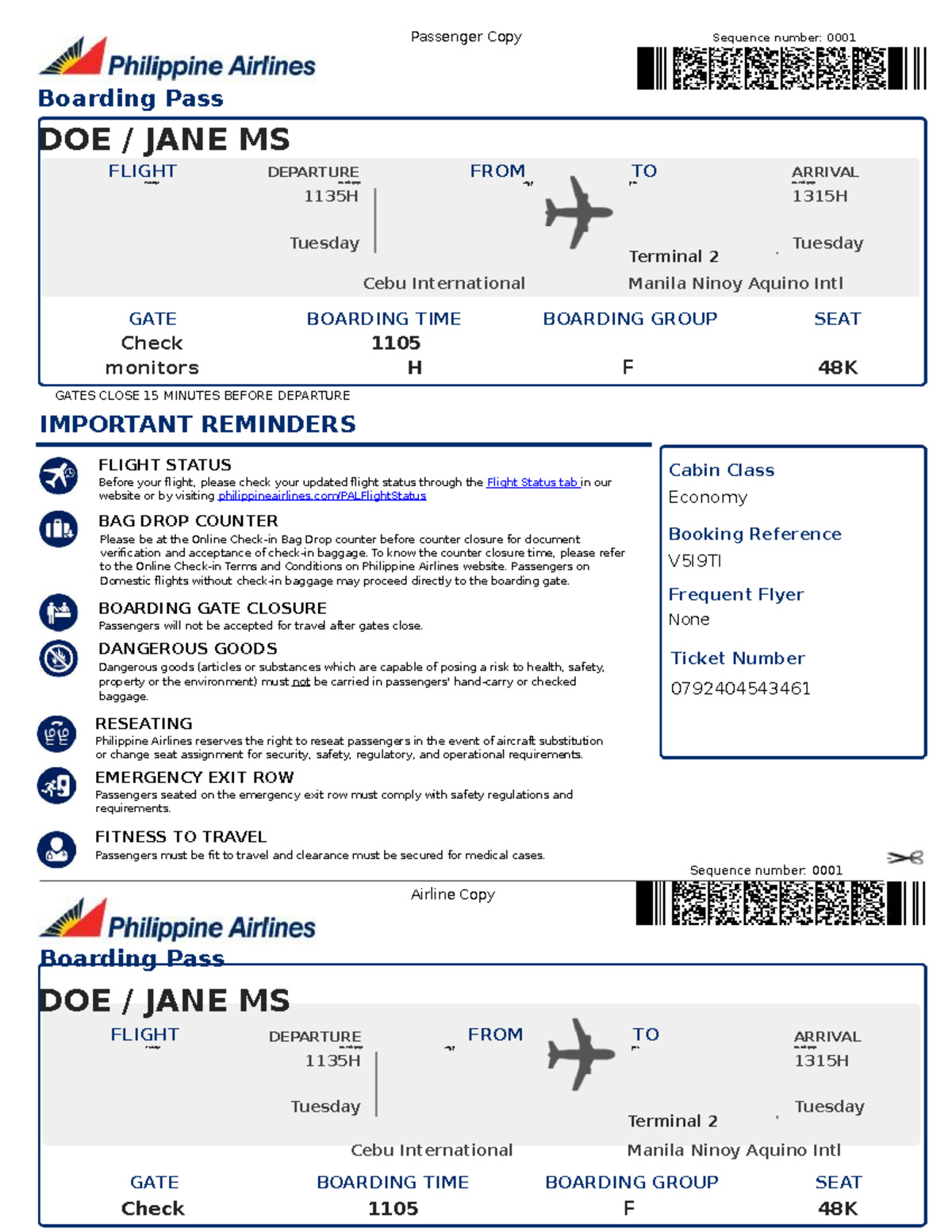 Flight Ticket Template PR1924 - Jane Doe (Economy Class) - Studocu
