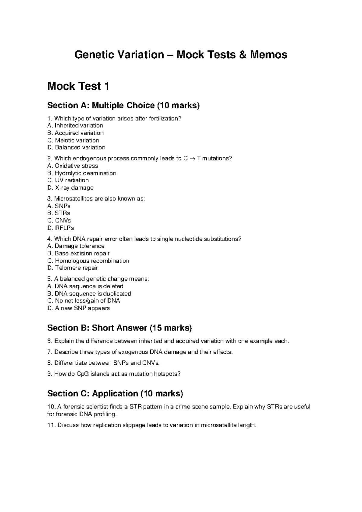 Genetic Variation Mock Test 1 & 2 Memos and Answers - Studocu