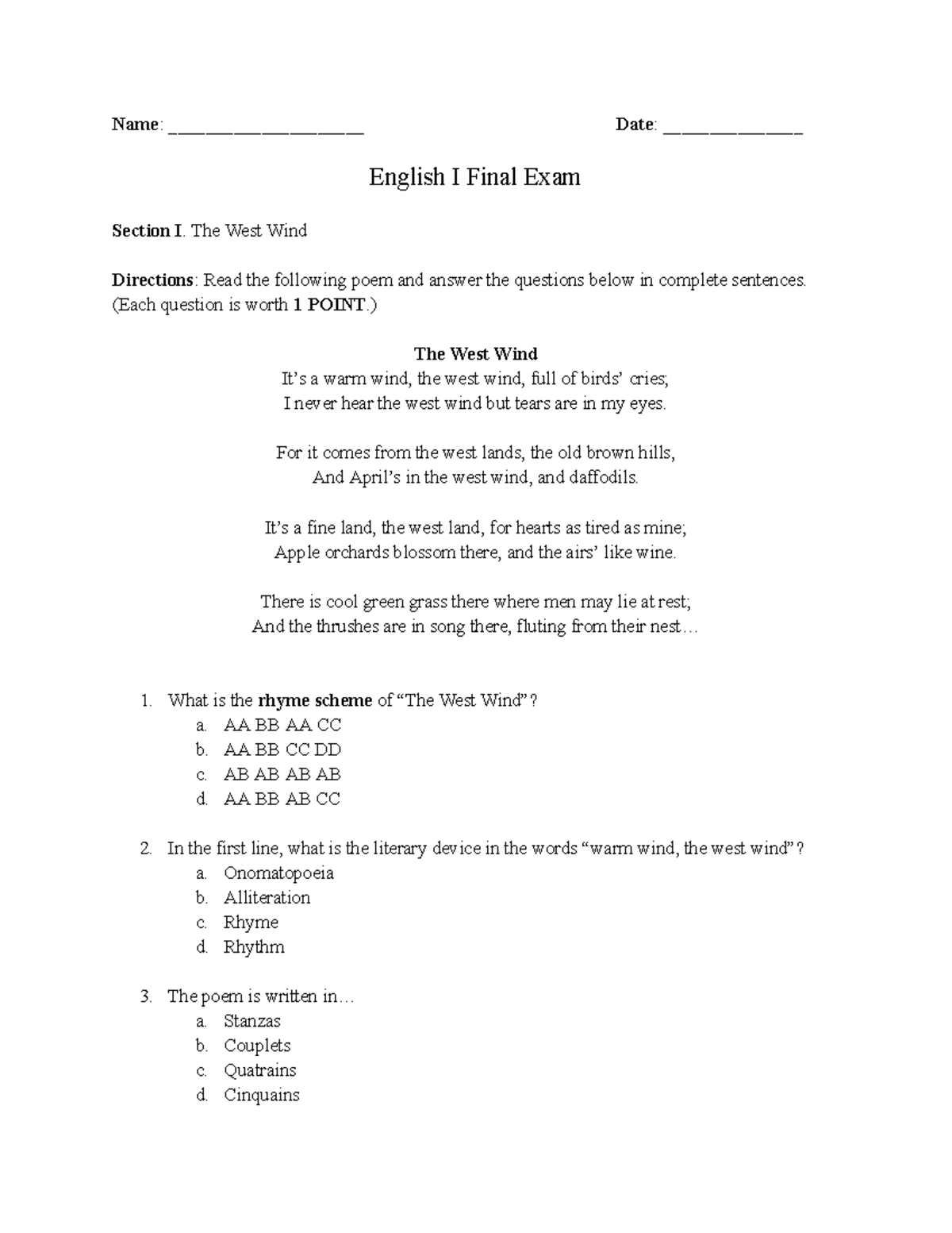 English I Final Exam: Poetry Analysis & Questions on "The West Wind ...