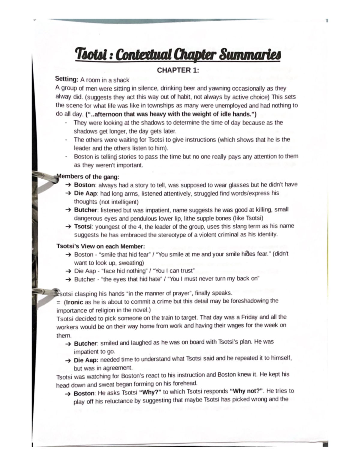 Tsotsi (Grade 11) Chapter 1 Summary: Life in the Township and Crime ...