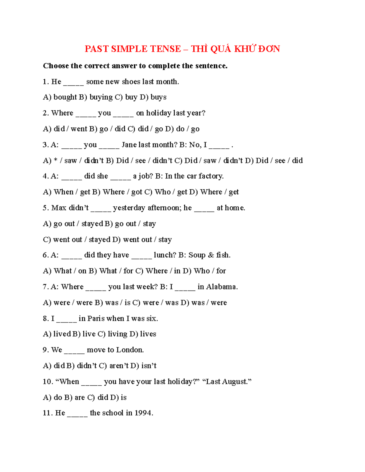 BT THÌ QUÁ KHỨ ĐƠN - Bài Tập Lớp 5 Global Success - Studocu