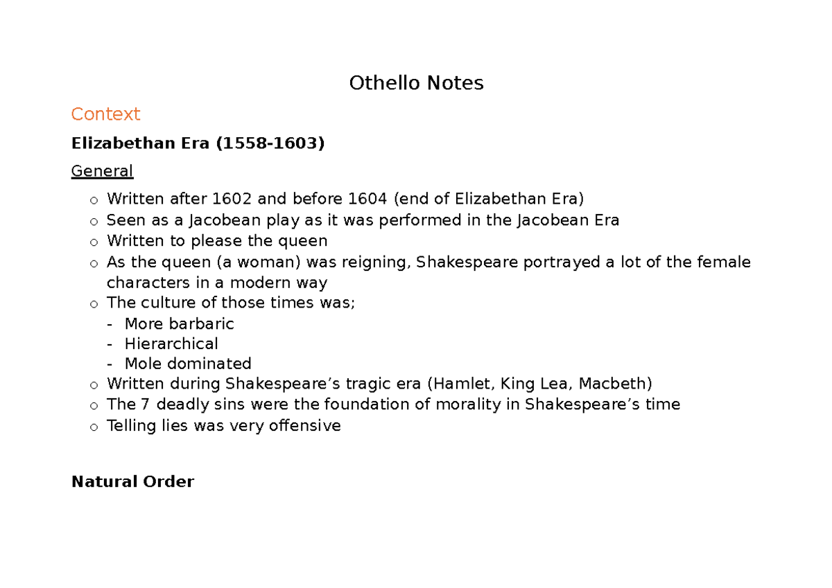 Othello Notes: Context & Themes in Elizabethan Era (1602-1604) - Studocu