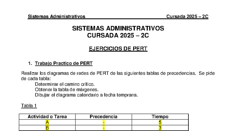 SA 2025 2C Ejercicios de PERT - Trabajo Práctico - Studocu
