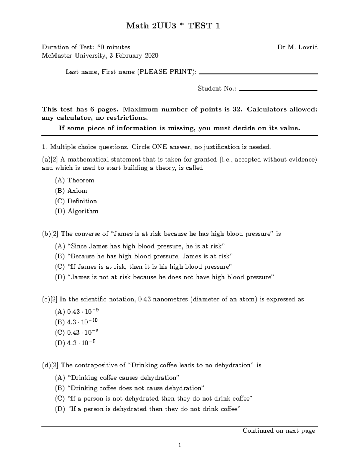 Math 2UU3 Final Exam - Sample MC Practice Test Questions - Studocu