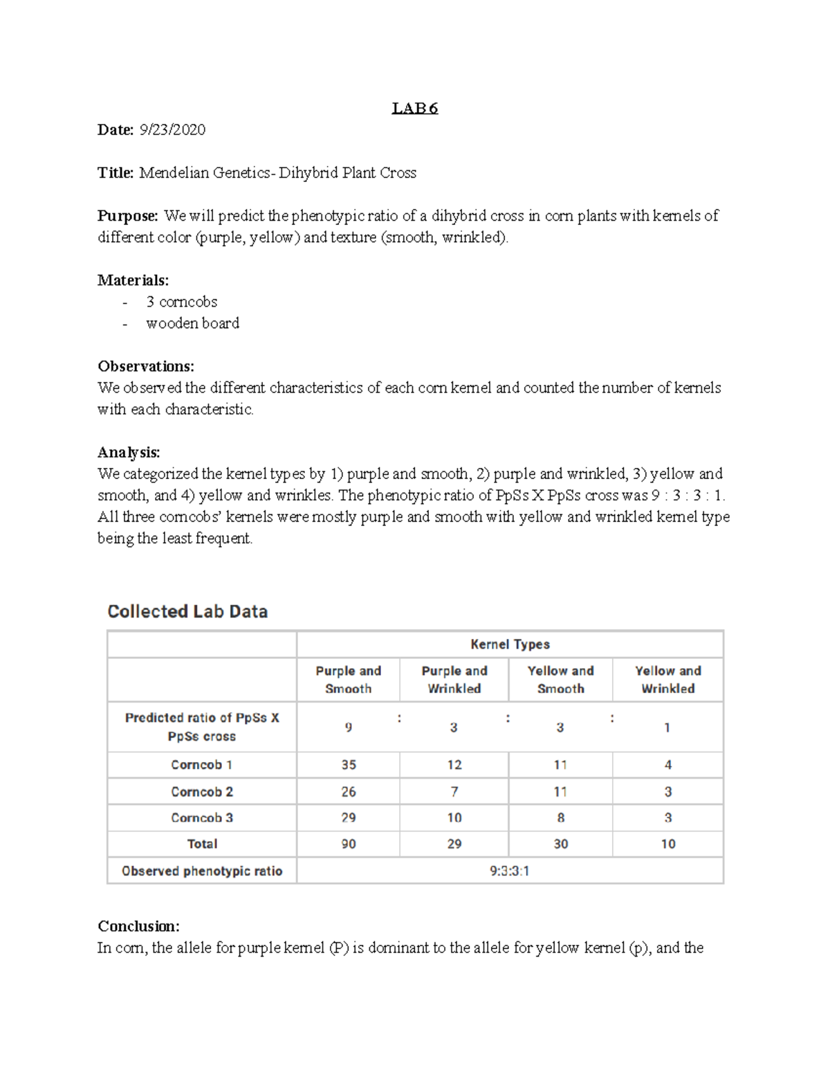 Mendelian Genetics - Dihybrid Plant Cross - LAB 6 Date: 9/23/ Title ...