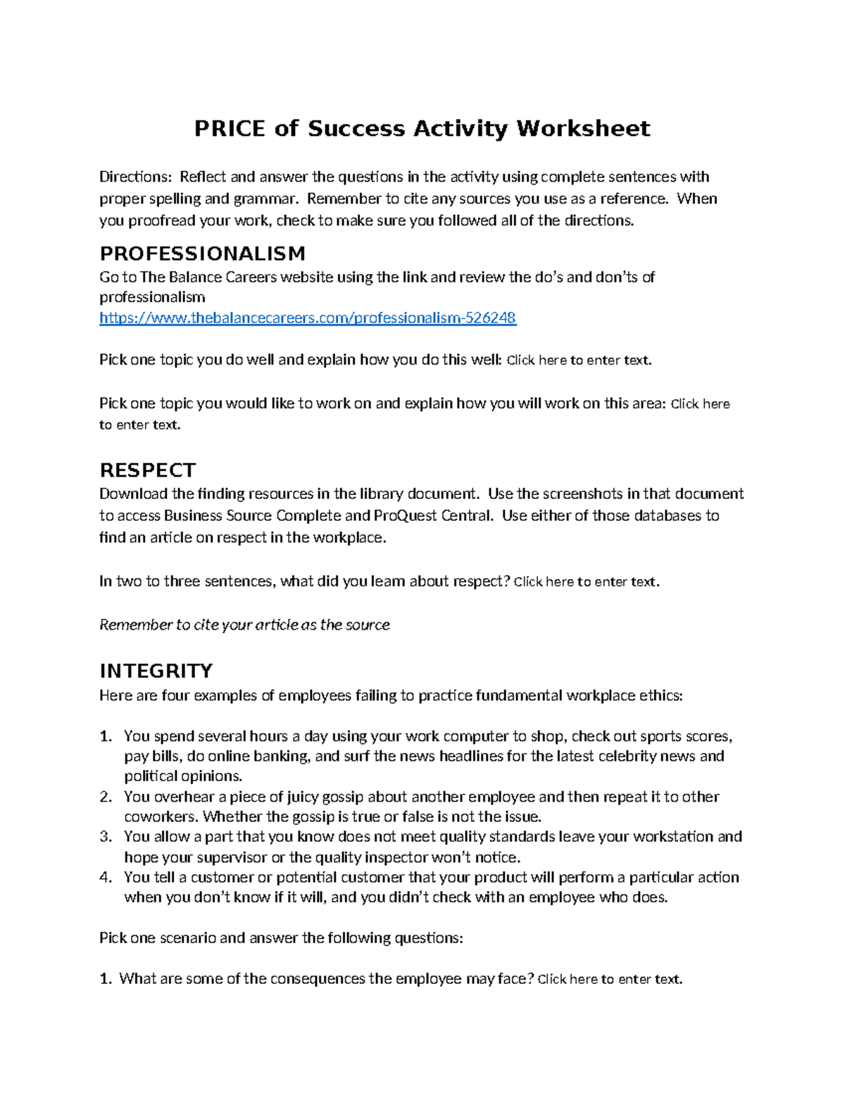 PD121 - PRICE of Success Activity Worksheet Instructions and ...