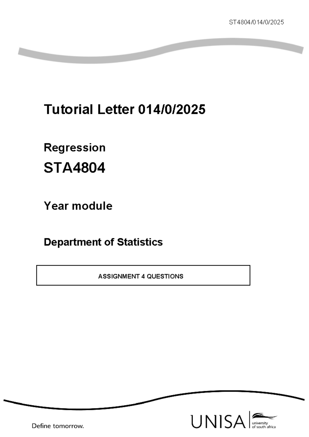 STA4804 Regression Analysis Assignment 4 Questions - Studocu
