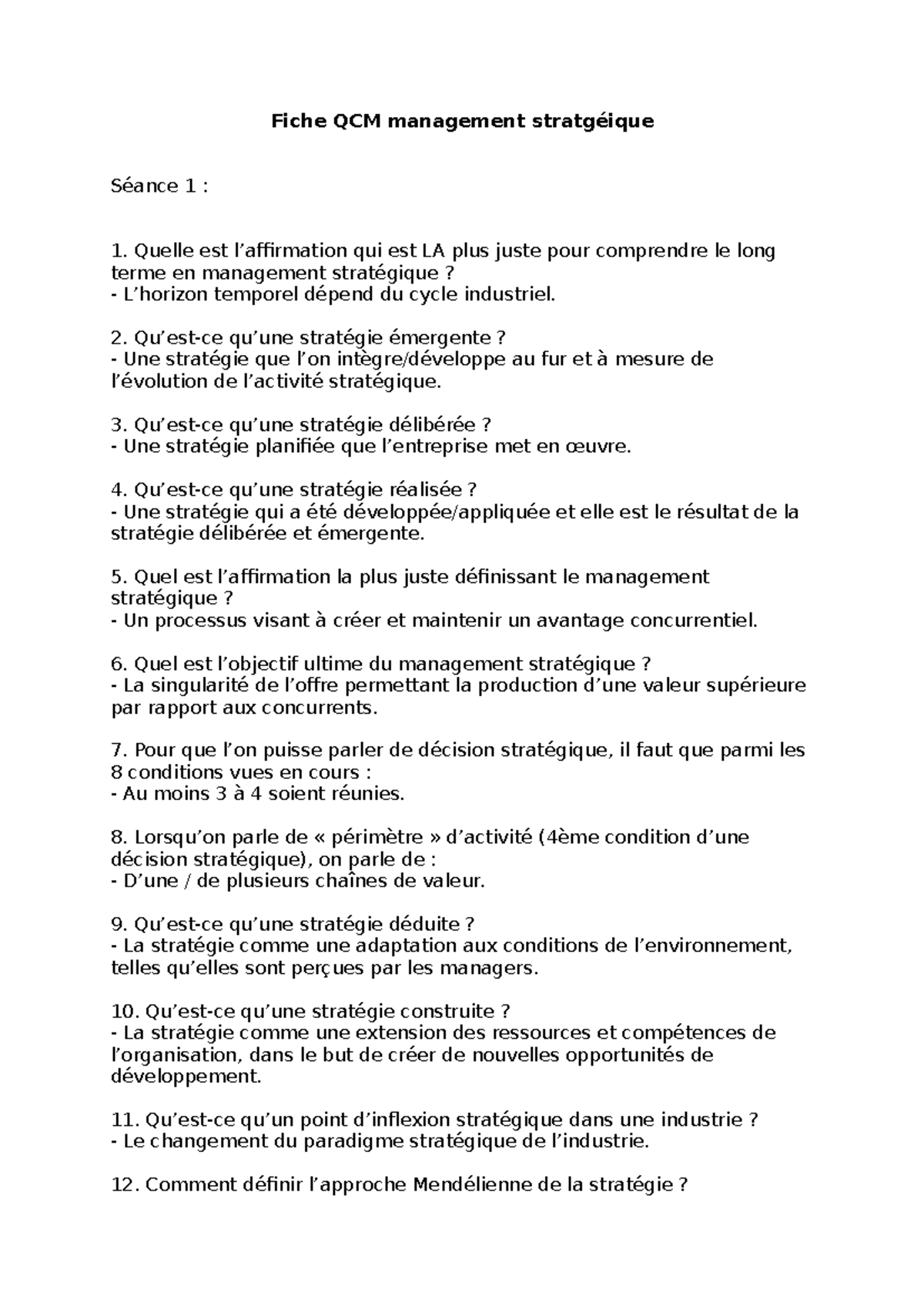Fiche QCM - Management Stratégique : Concepts Clés et Analyse - Studocu
