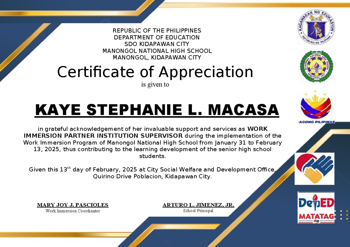 Certificate of Appreciation for Work Immersion Partner - SDO Kidapawan ...