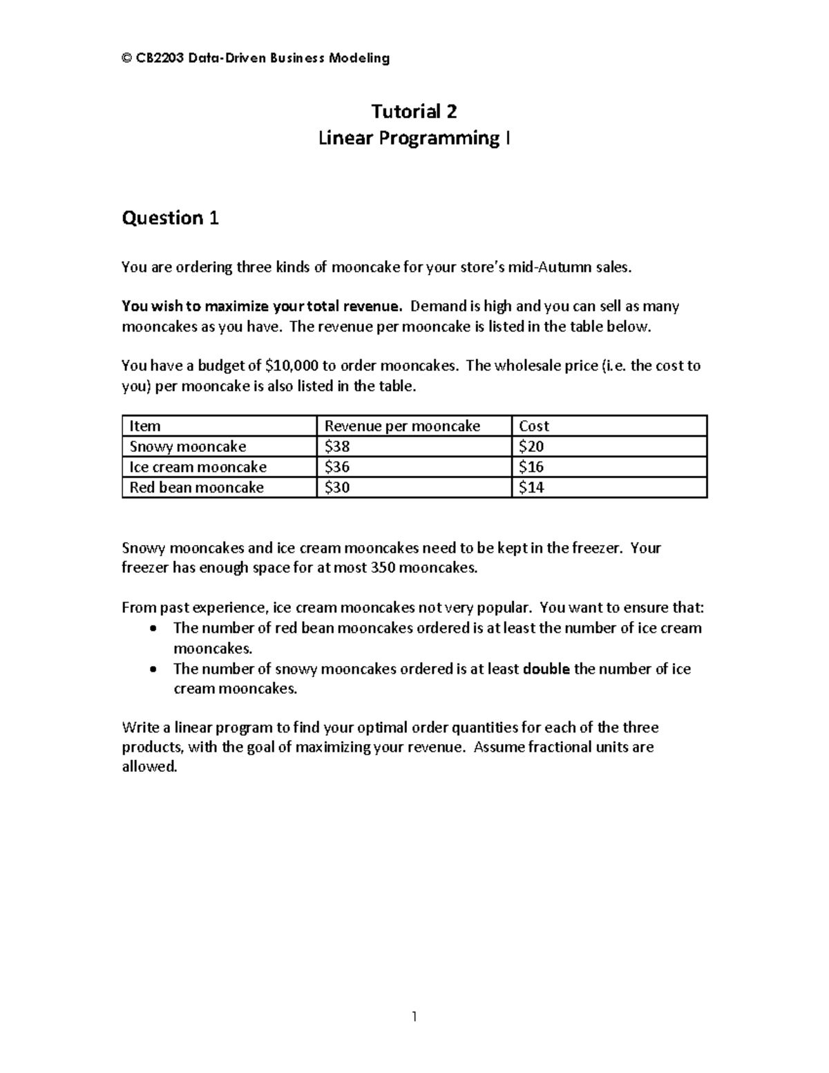 CB2203 Business Modeling Tutorial 2: Linear Programming Q1 Analysis ...