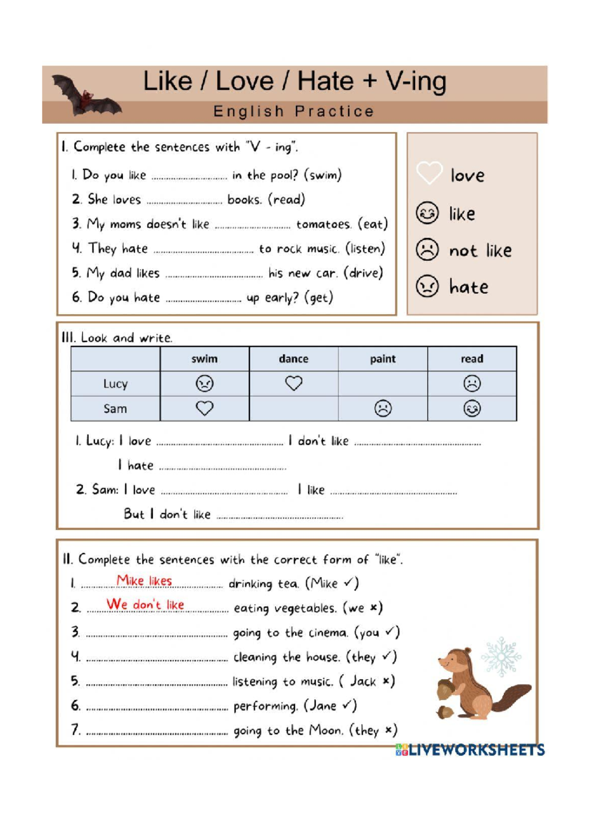 English Practice I: Like, Love, Hate Worksheet 1777993 - Studocu
