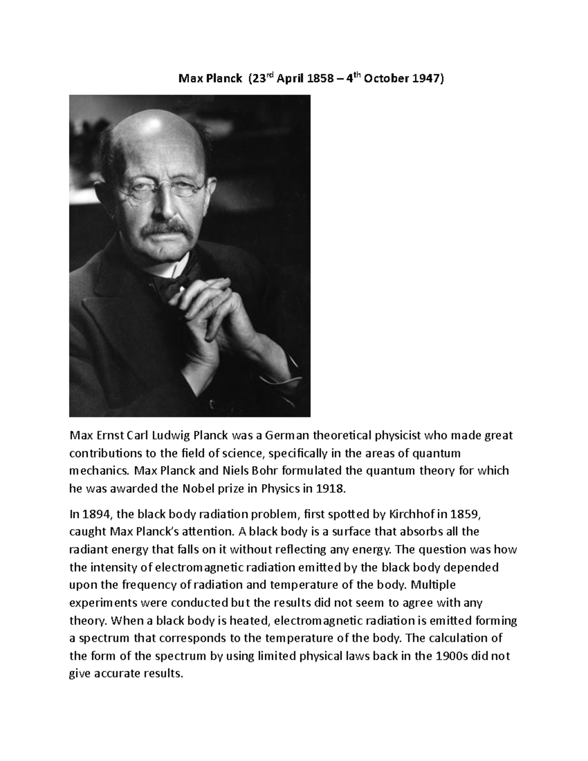Max Planck: Pioneer of Quantum Theory and Theoretical Physics - Studocu