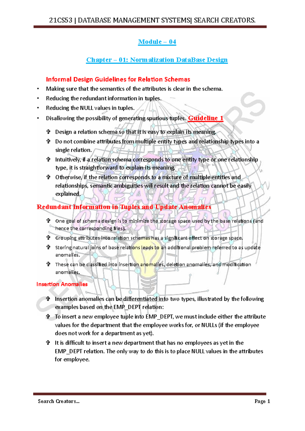 21CS53 DATABASE MANAGEMENT MODULE 04: NORMALIZATION GUIDELINES - Studocu