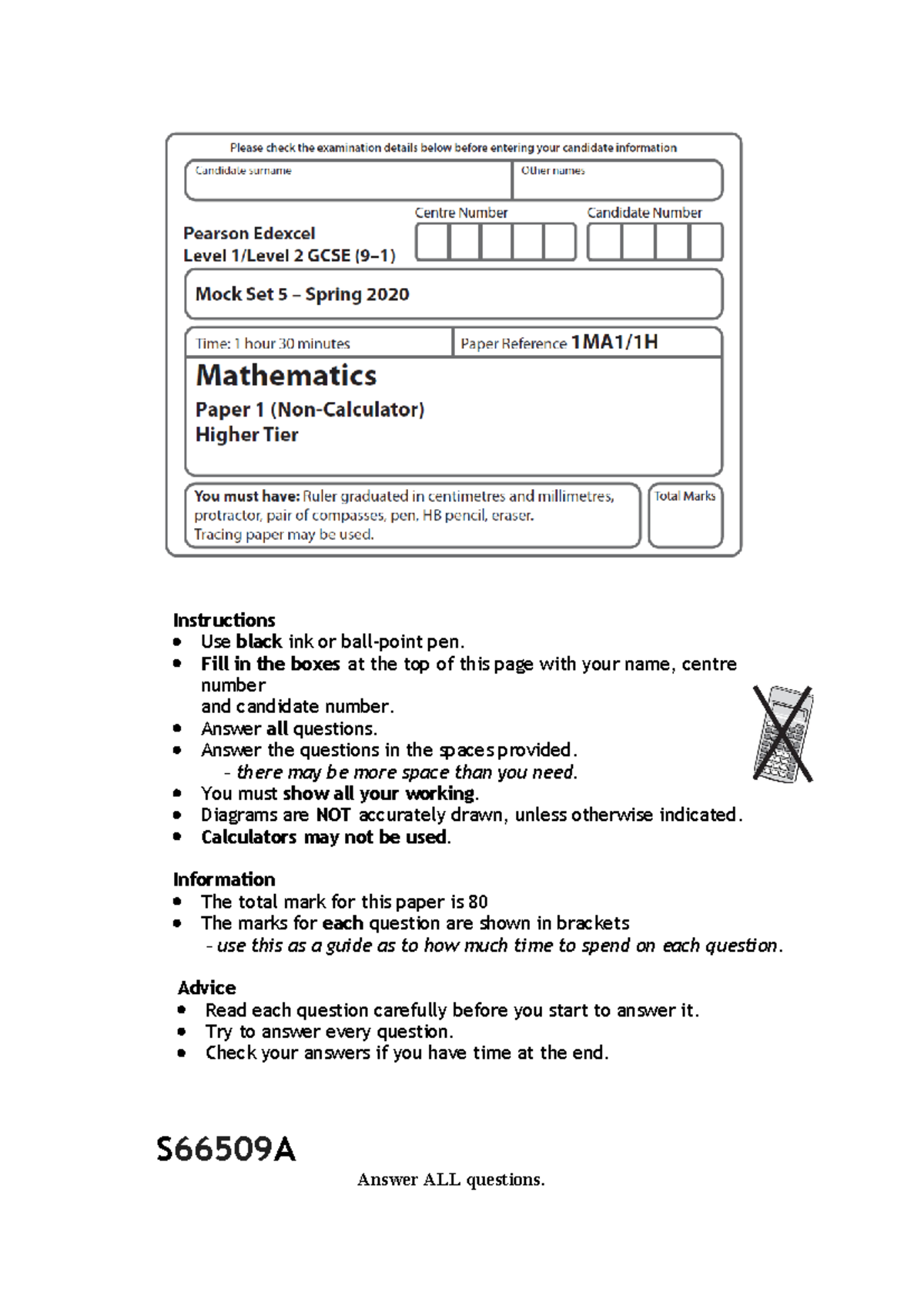 GCSE 9-1 Maths Mock Exam Paper 1H - Set 5 Instructions & Questions ...