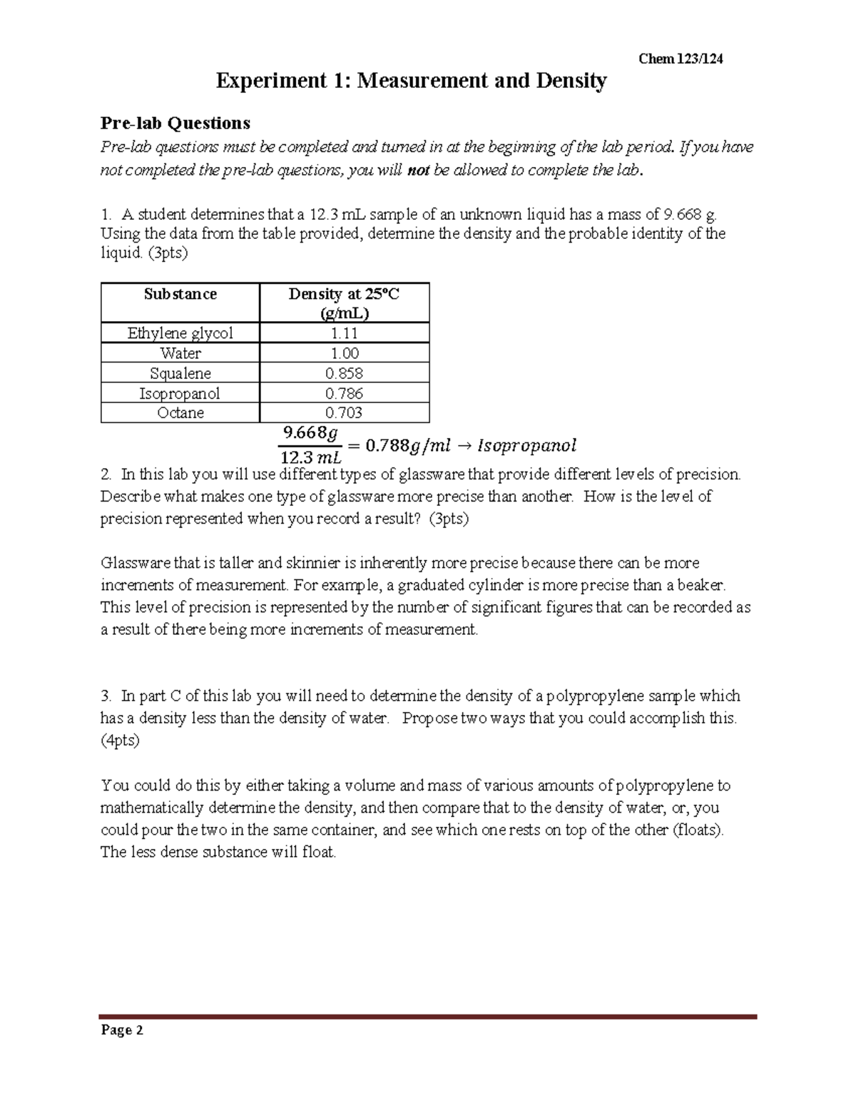 Chem 123: Experiment 1 - Density Measurement Pre-Lab Guide - Studocu