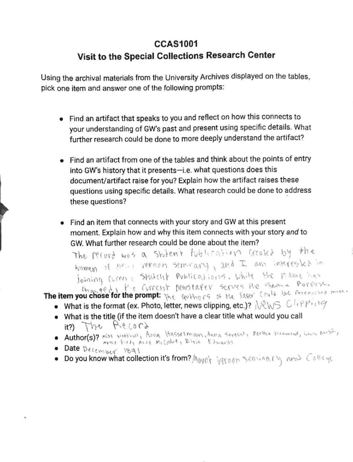 CCAS1001 Reflection on Artifacts from Special Collections - Studocu
