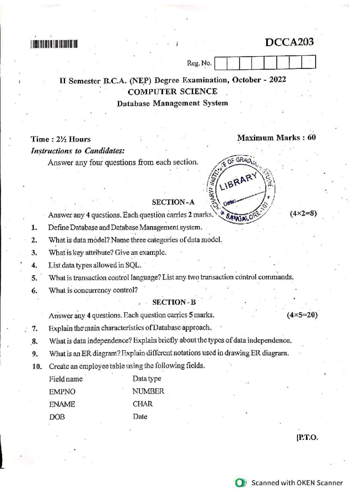 DCCA203 DBMS II Sem B.C.A. NEP Oct 2022 Question Paper - Studocu