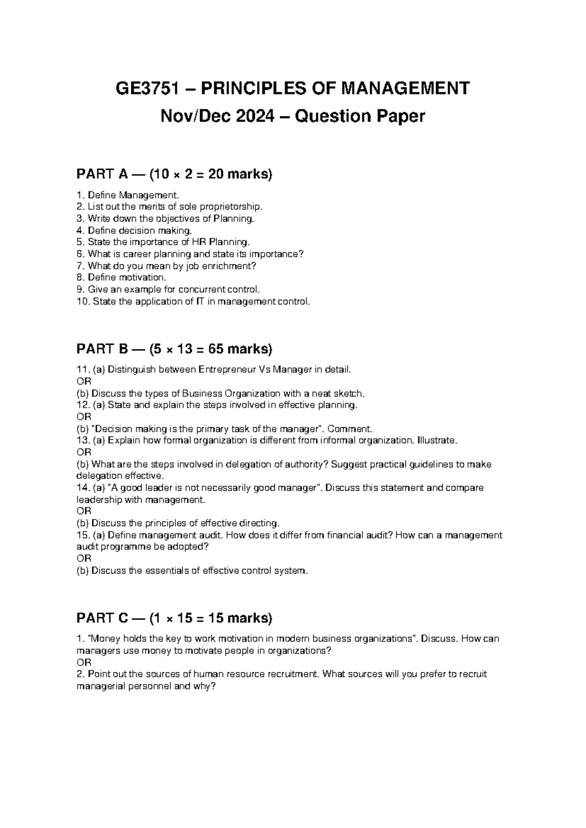 GE3751 PRINCIPLES OF MANAGEMENT Nov-Dec 2024 Question Paper - Studocu