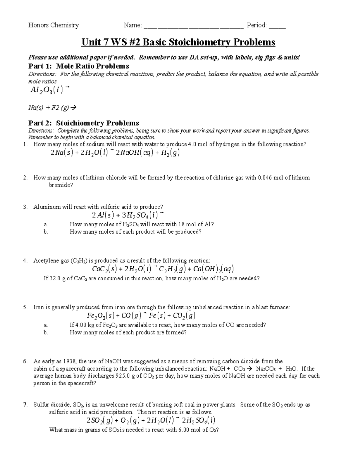 U7 WS#2 Stoichiometry Basics & Key Concepts in Honors Chemistry - Studocu