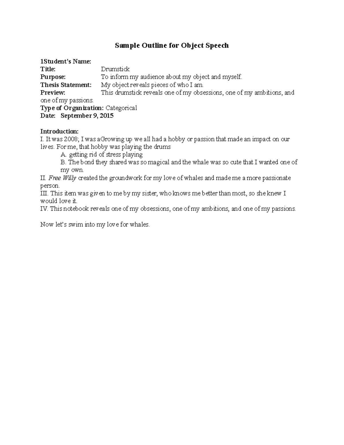 ENG 101: Sample Outline for Object Speech on Drumsticks - Studocu