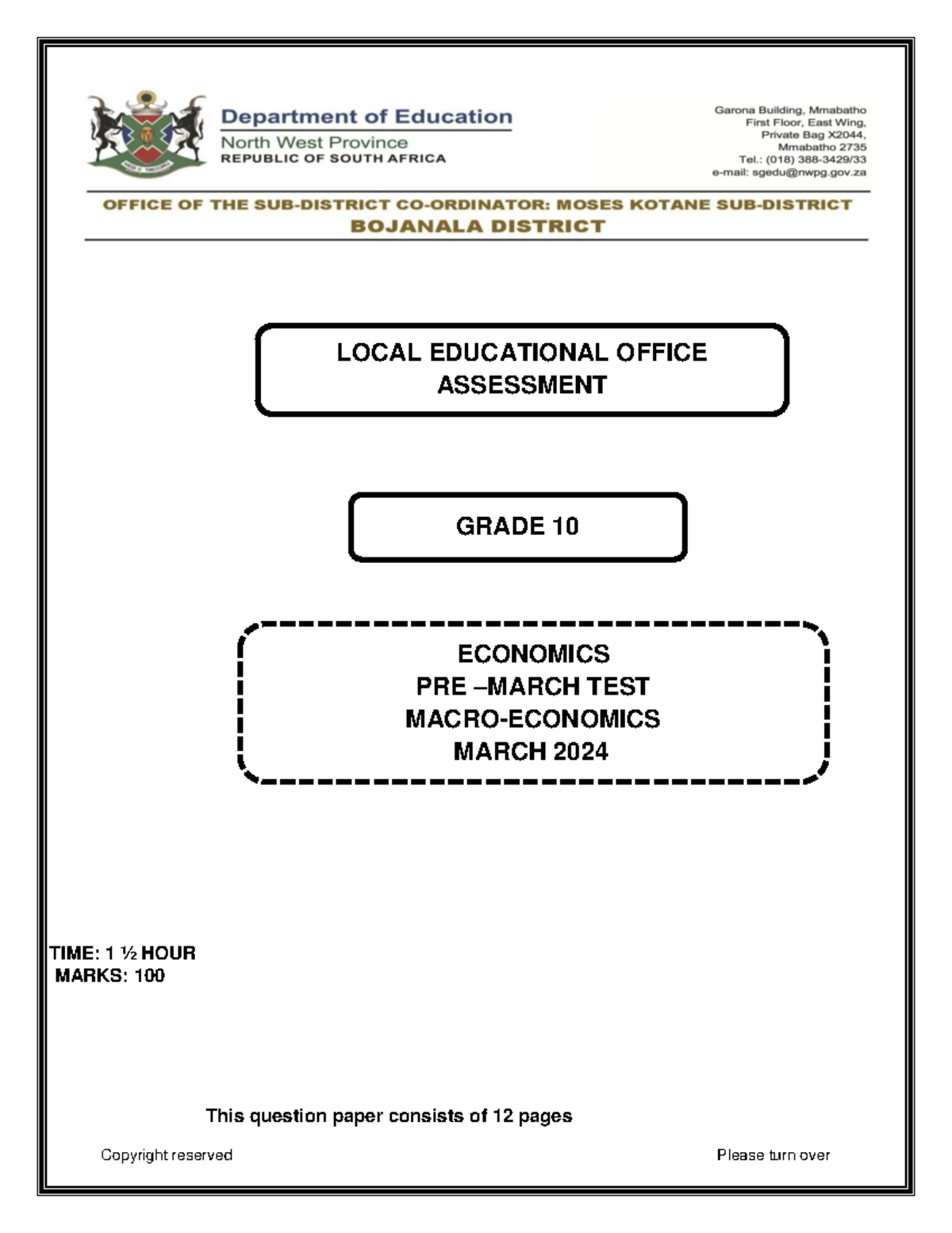 Grade 10 Economics: Term 1 Prep Test on Macro-Economics (March 2024 ...