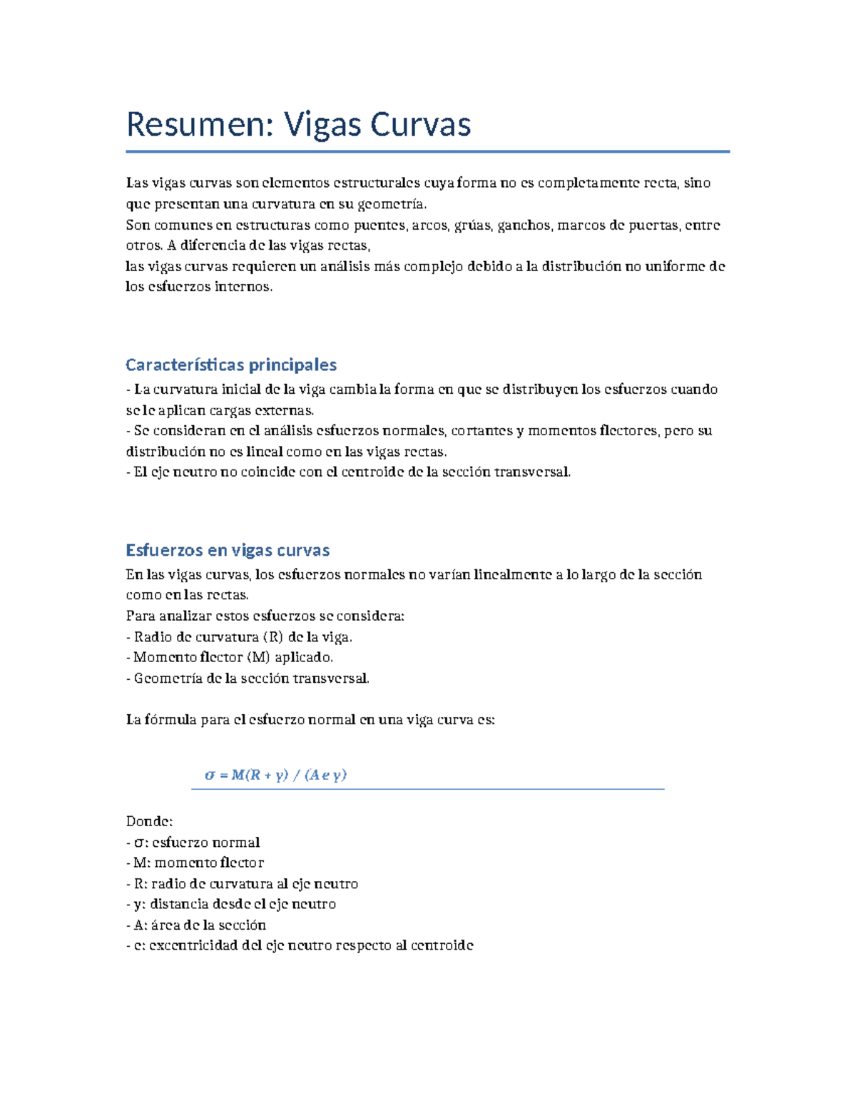 Resumen: Vigas Curvas en Estructuras - Análisis y Características - Studocu