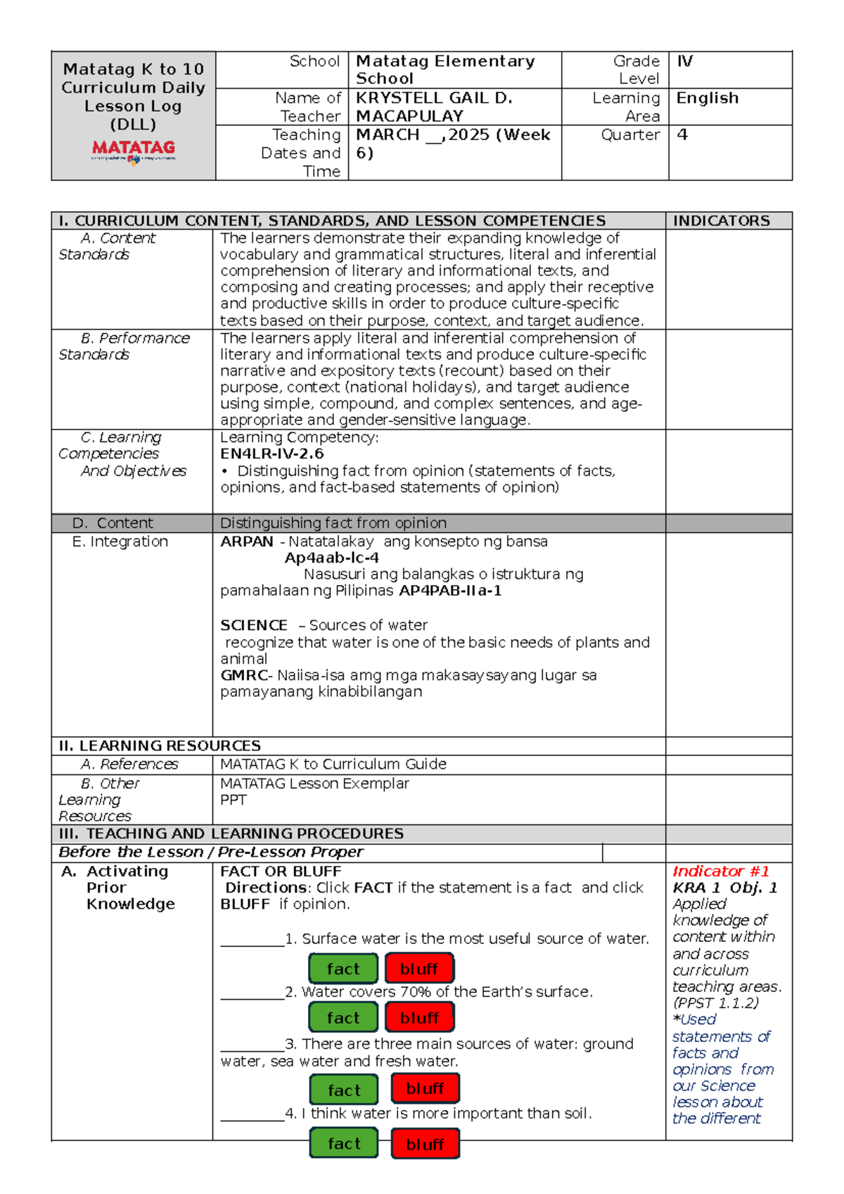 COT GRADE 4 LESSON PLAN WEEK 6 QUARTER 4: FACTS VS OPINIONS - Studocu