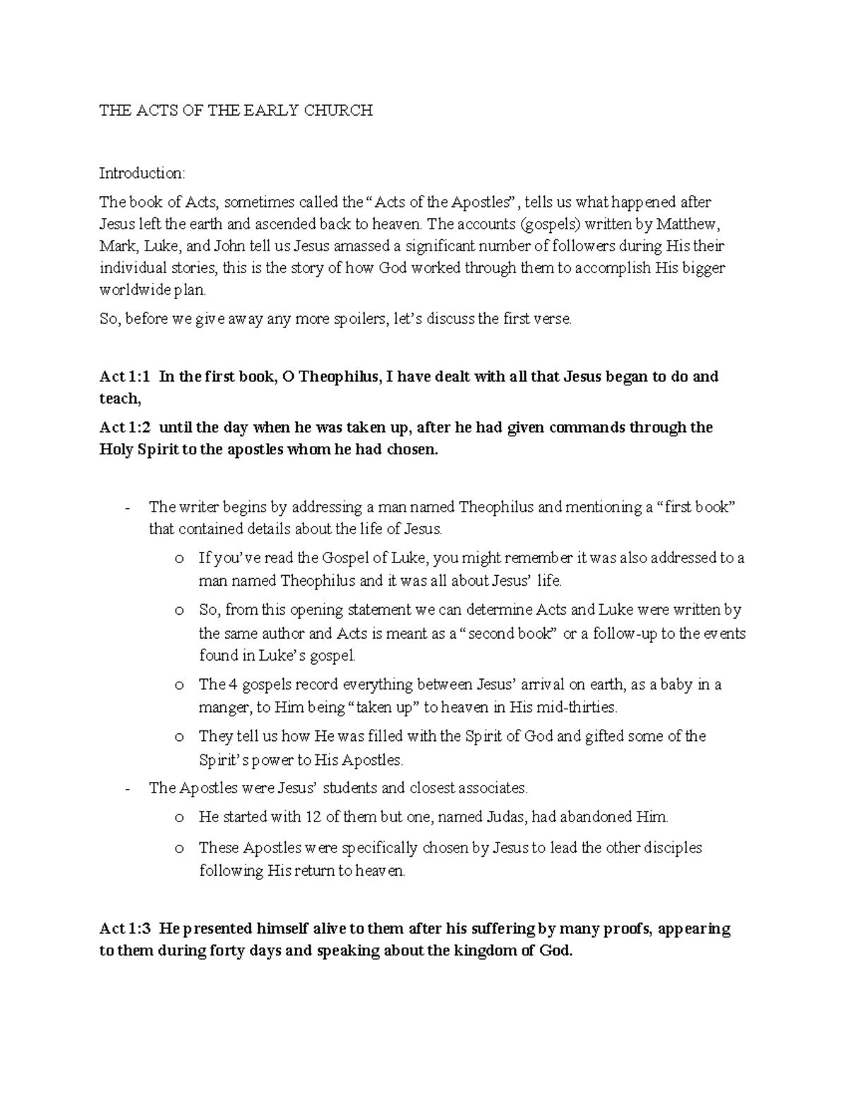 ACTS 1 - THE EARLY CHURCH: JESUS' ASCENSION AND APOSTLES' MISSION - Studocu