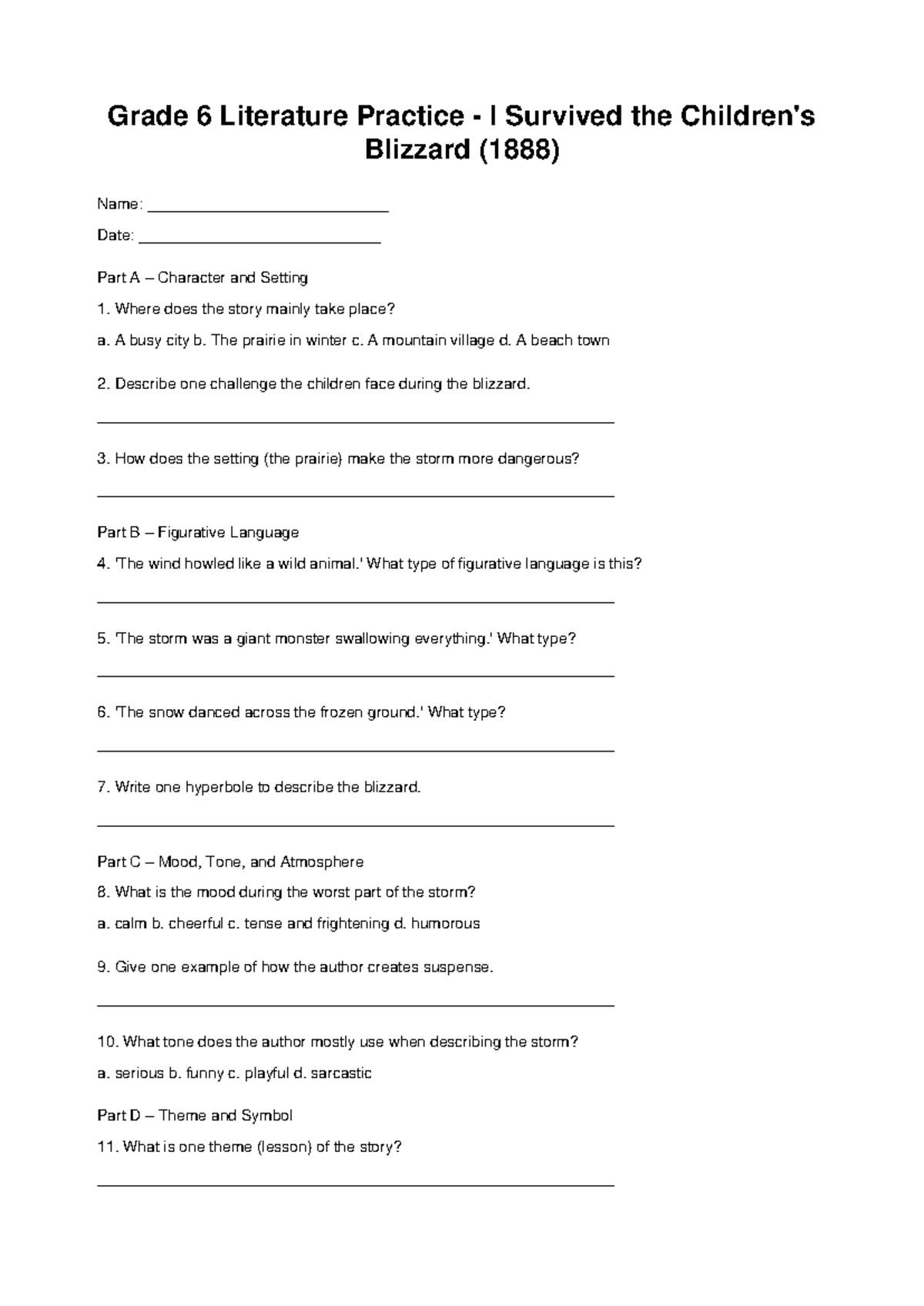 Grade 6 Literature Practice: I Survived the Blizzard Analysis - Studocu