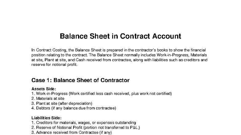 Contract Account Balance Sheet: Financial Position Overview - Studocu