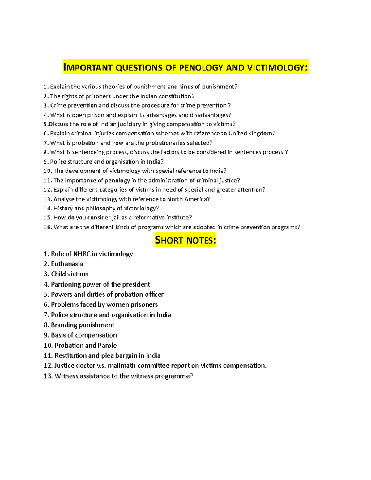 Important questions of victimology and penology - IMPORTANT QUESTIONS ...
