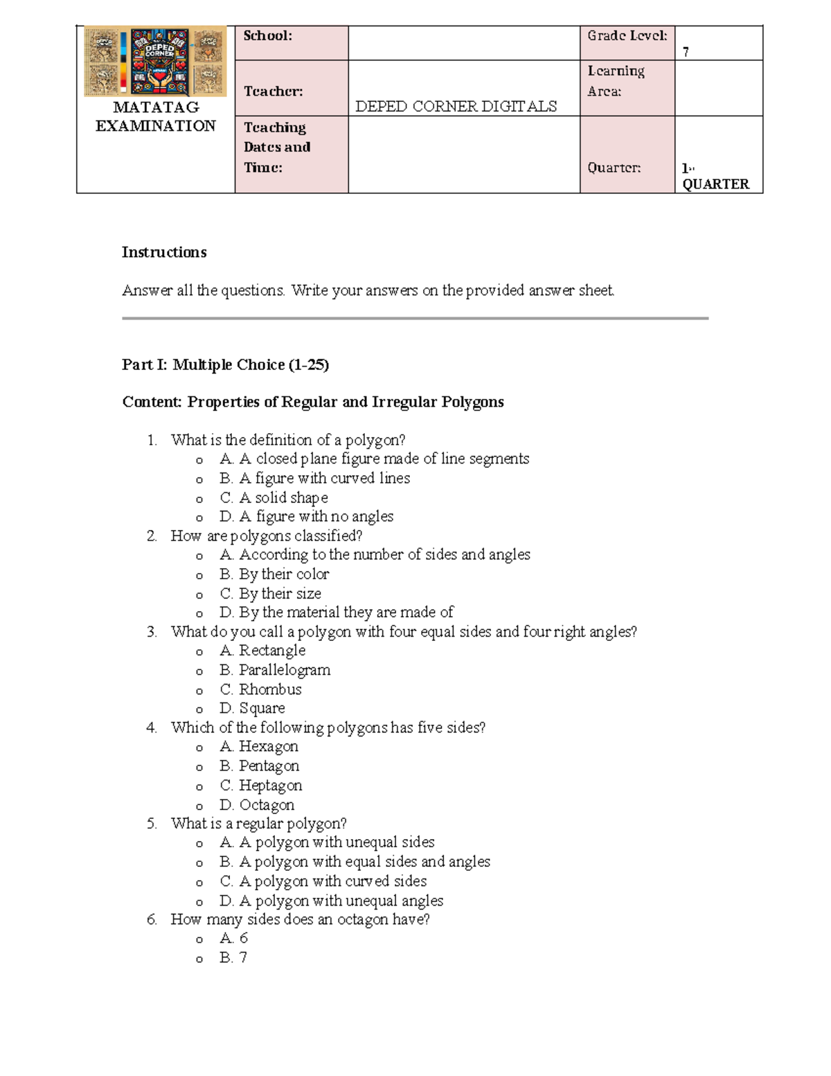MATH 7: MATATAG 1ST PERIODICAL TEST on Polygon Properties - Studocu