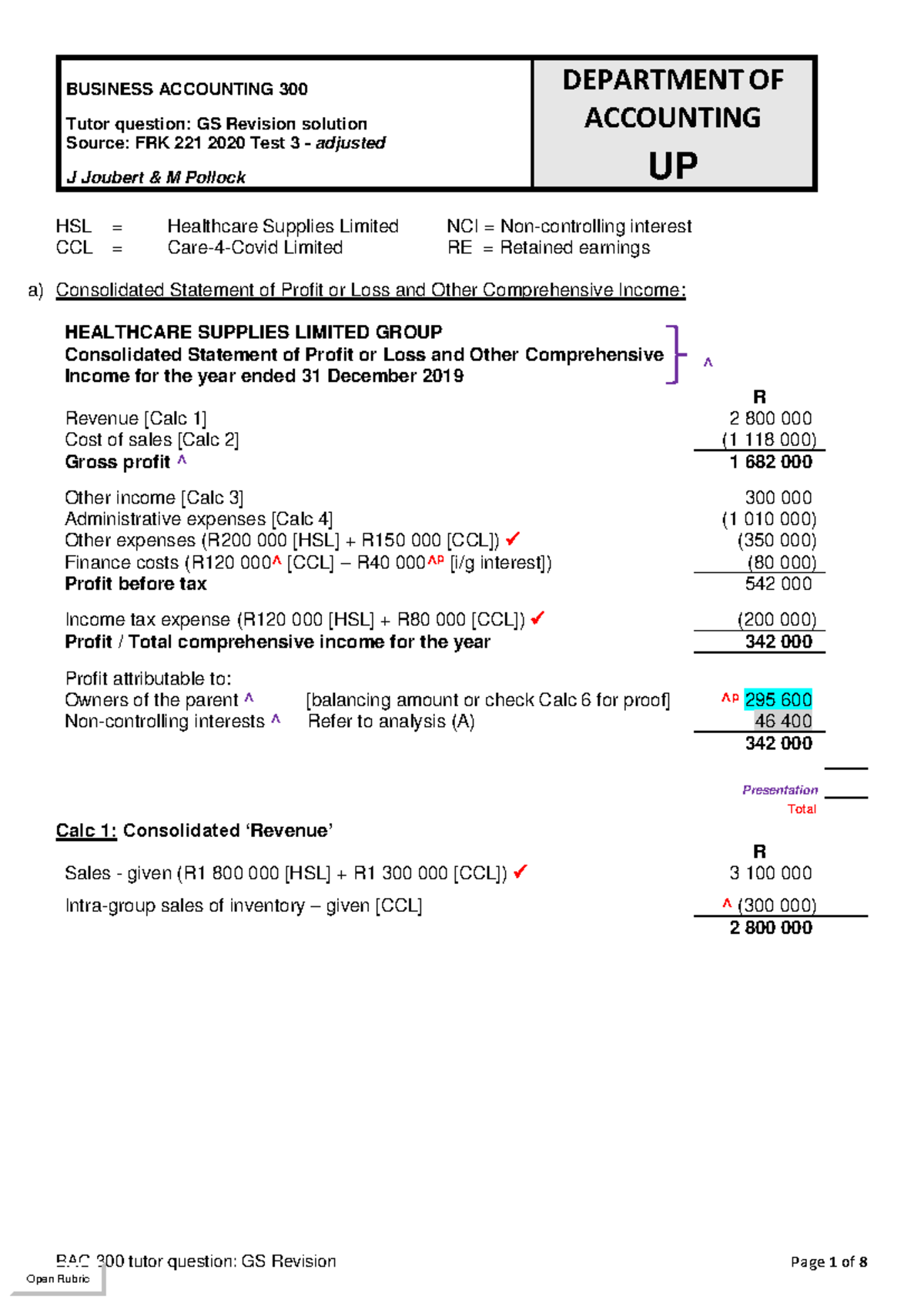 BAC 300 Tutor GS Revision Solutions for Consolidated Statements - Studocu