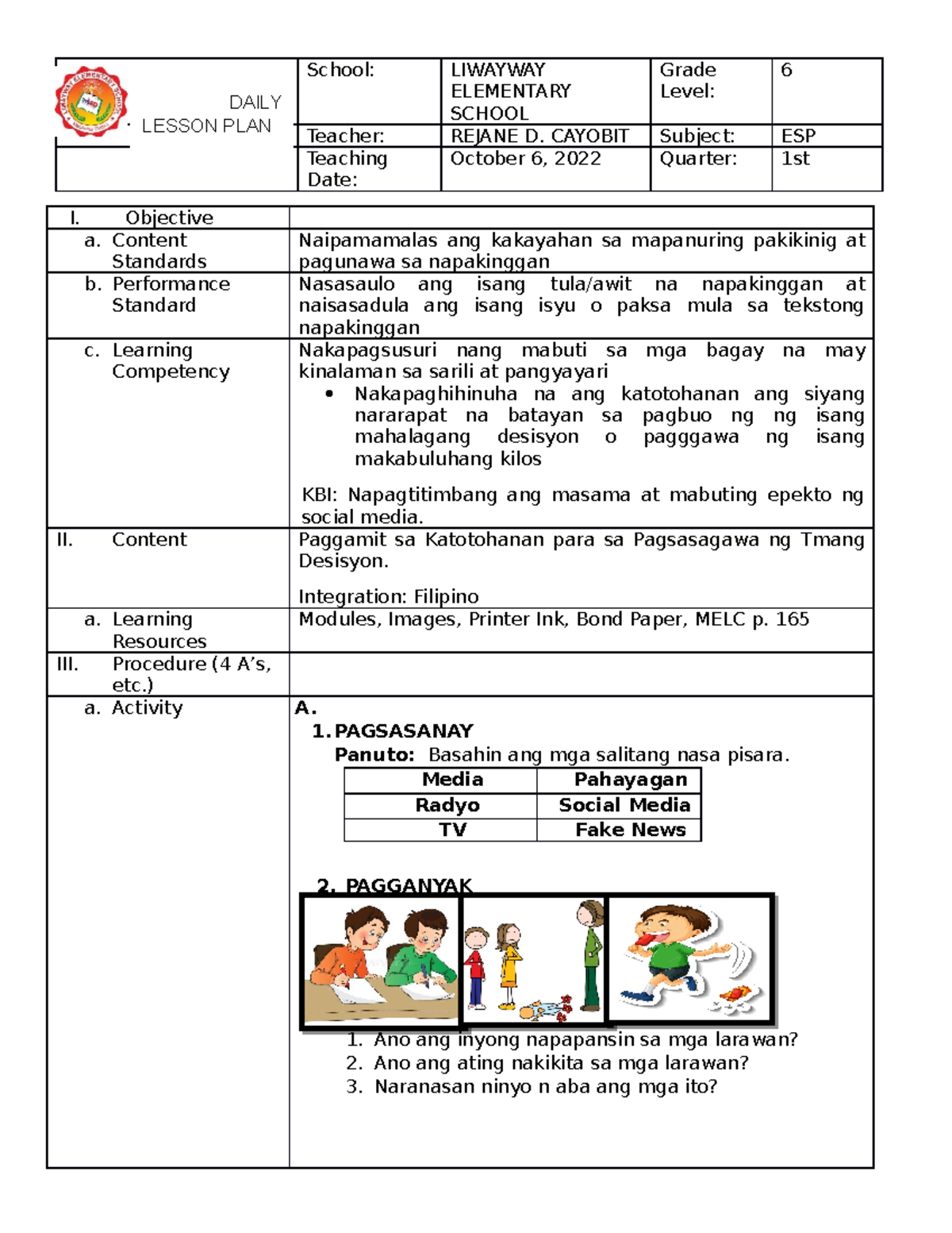 LP ESP Grade 6 - Week 4- Module 3 - School: LIWAYWAY ELEMENTARY SCHOOL ...