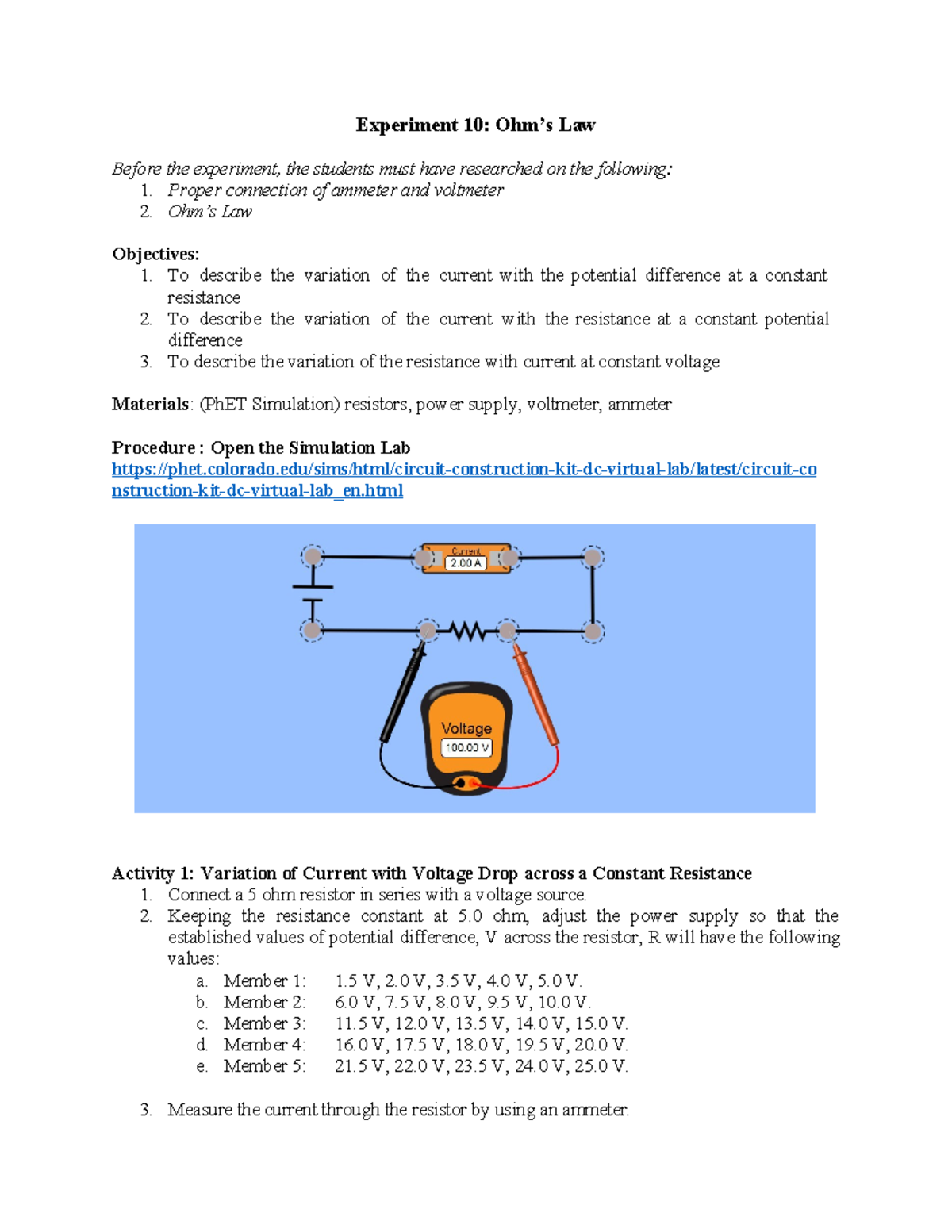 Experiment 10: Ohm’s Law Lab Manual for Physics 101 - Studocu