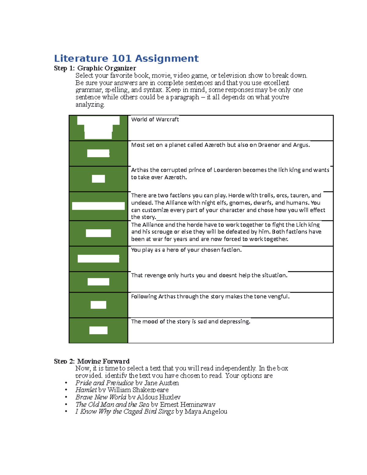 Literature 101 Assignment - Analyzing Media & Texts in FLVS - Studocu