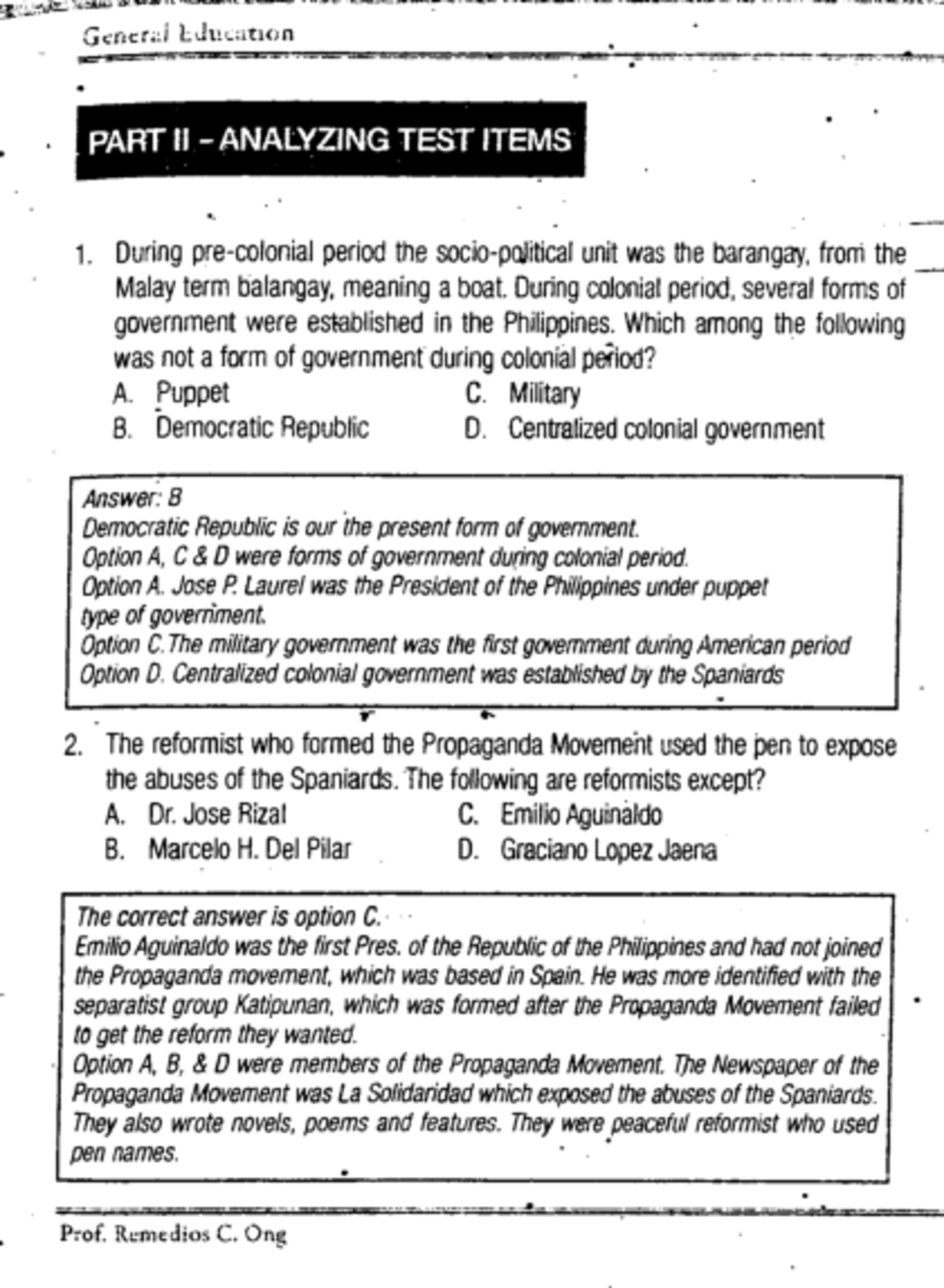 Philippine History Review Notes (BEED) - Test Item Analysis - Studocu