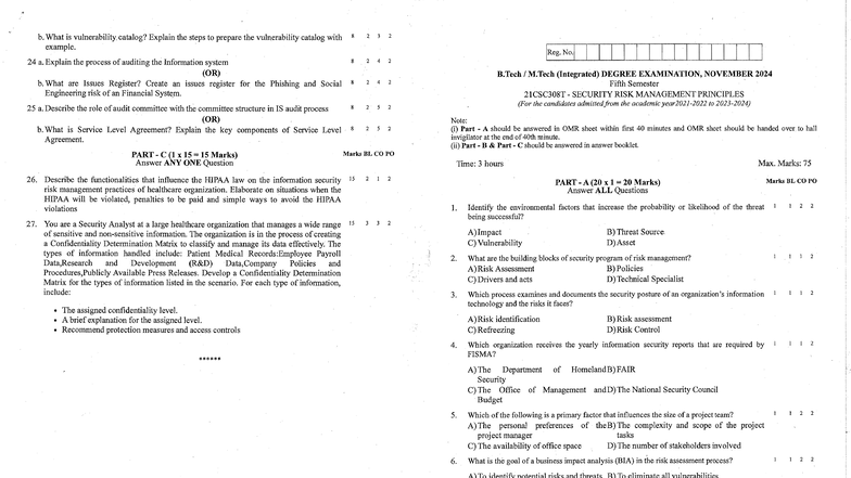 RISK Management PYQ 2024 - CSC308T Security Risk Principles - Studocu