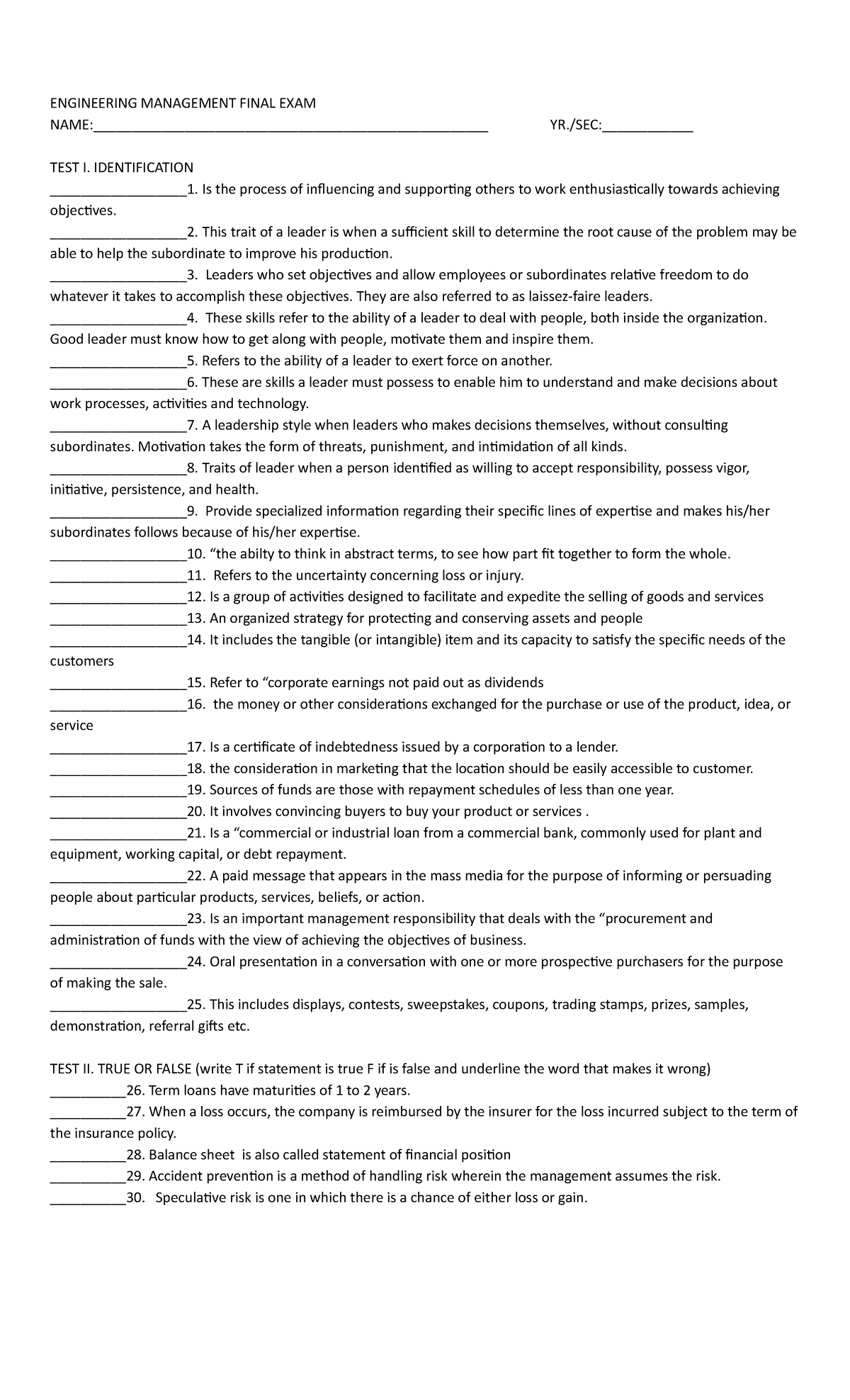 Engineering Management Final EXAM - Civil Engineering - Studocu