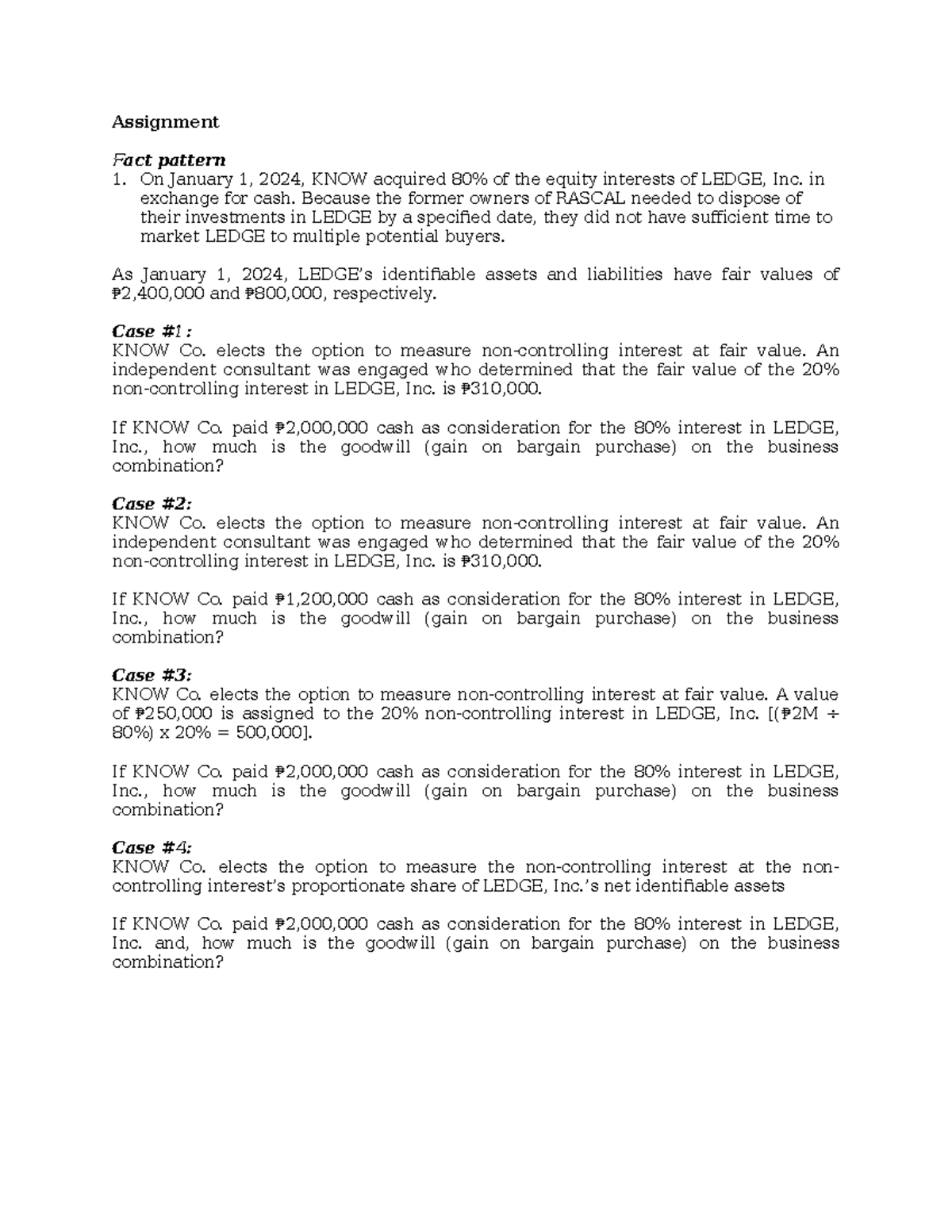 AFAR 2 Assignment Chap 1 - Assignment Fact pattern On January 1, 2024, KNOW acquired 80% of the ...