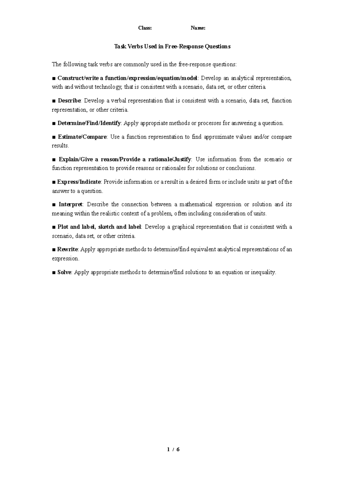 FRQ Samples: Task Verbs & General Instructions for Questions - Studocu
