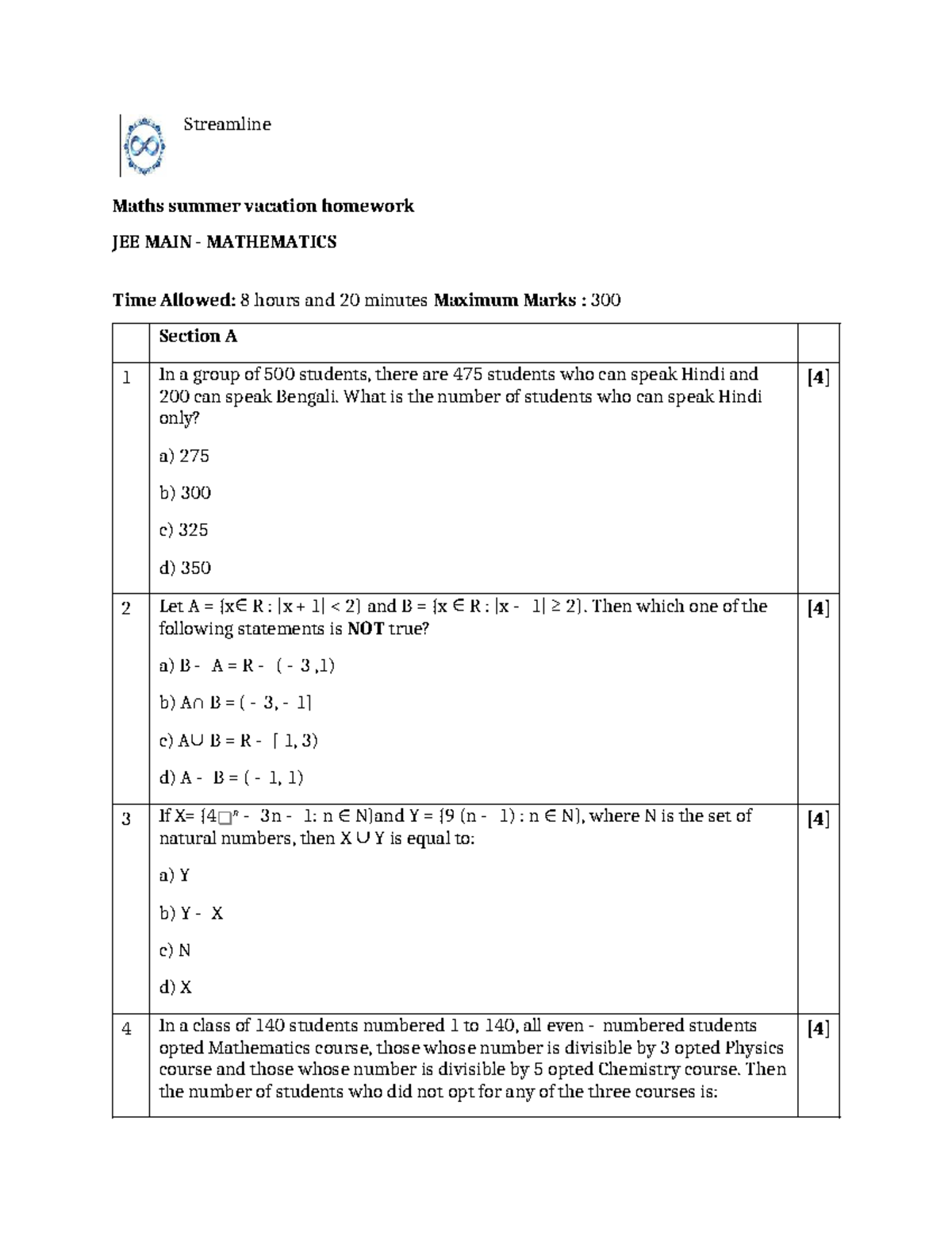 JEE MAIN MATHEMATICS Summer Vacation Homework - Testpaper 2753946 - Studocu