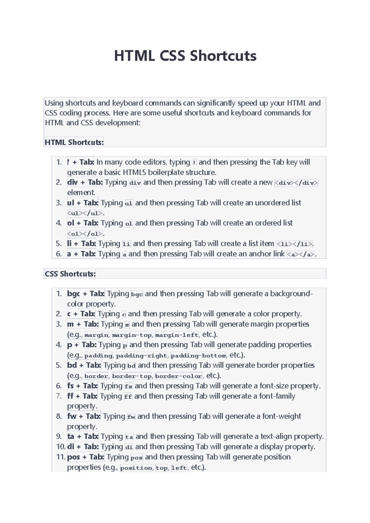 HTML & CSS Shortcuts Guide - gsq - Studocu