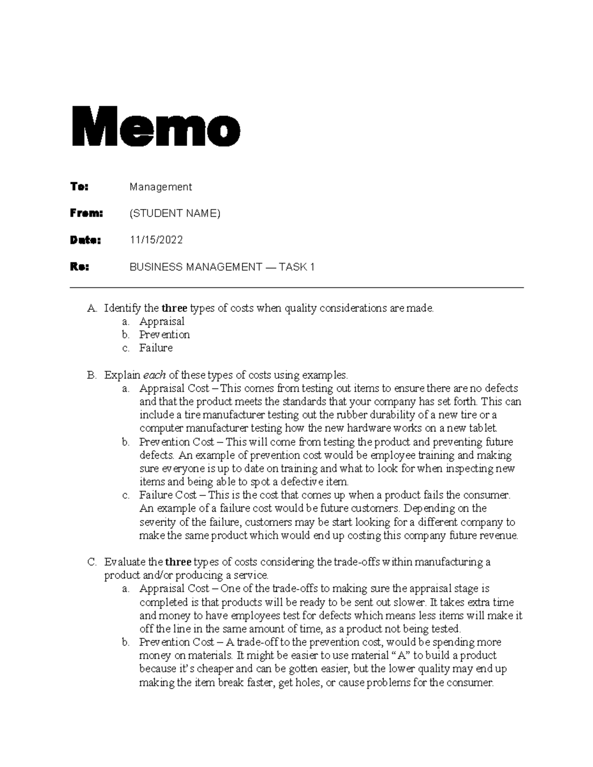 Business Management Tasks — QHT1 - TASK 1 - Memo To: Management From ...