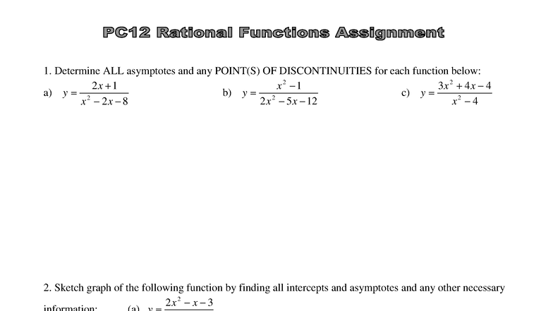 PC12 Pre-Calculus Assignment: Asymptotes & Discontinuities Analysis ...