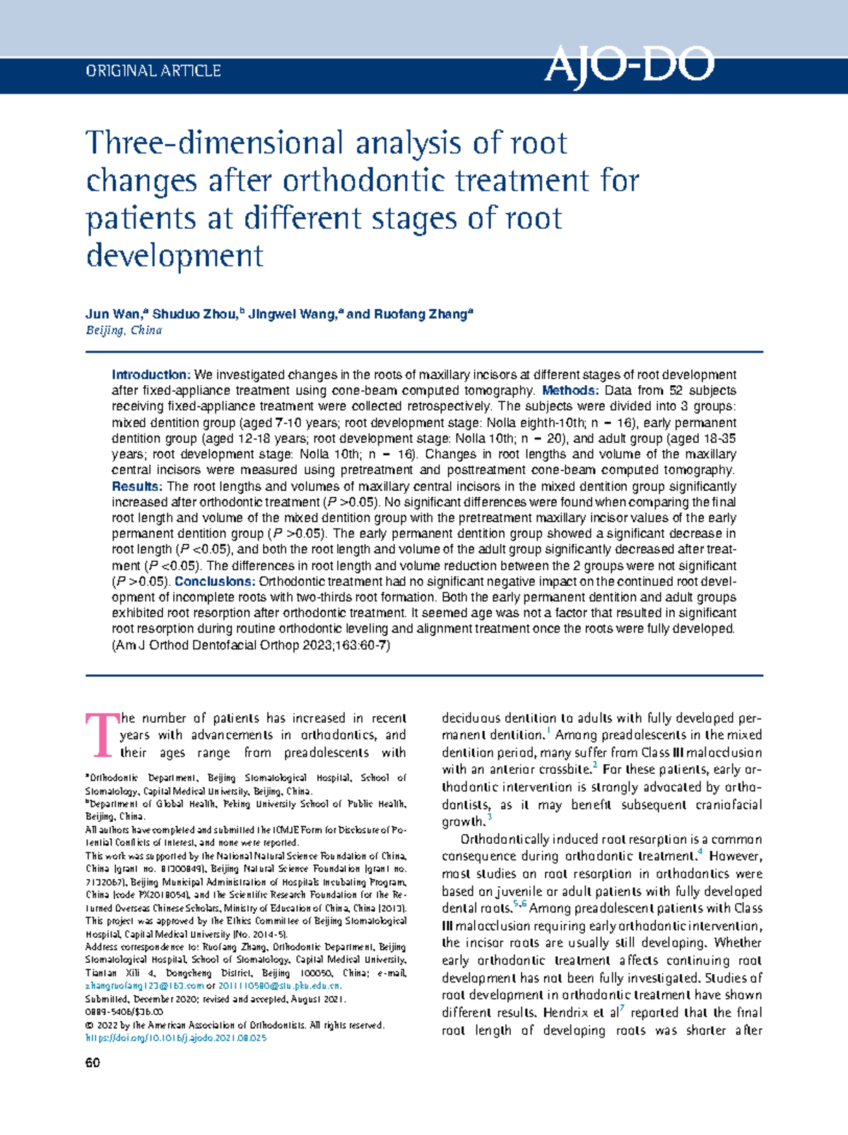 Analysis of Root Changes Post-Orthodontic Treatment (Am J Orthod ...