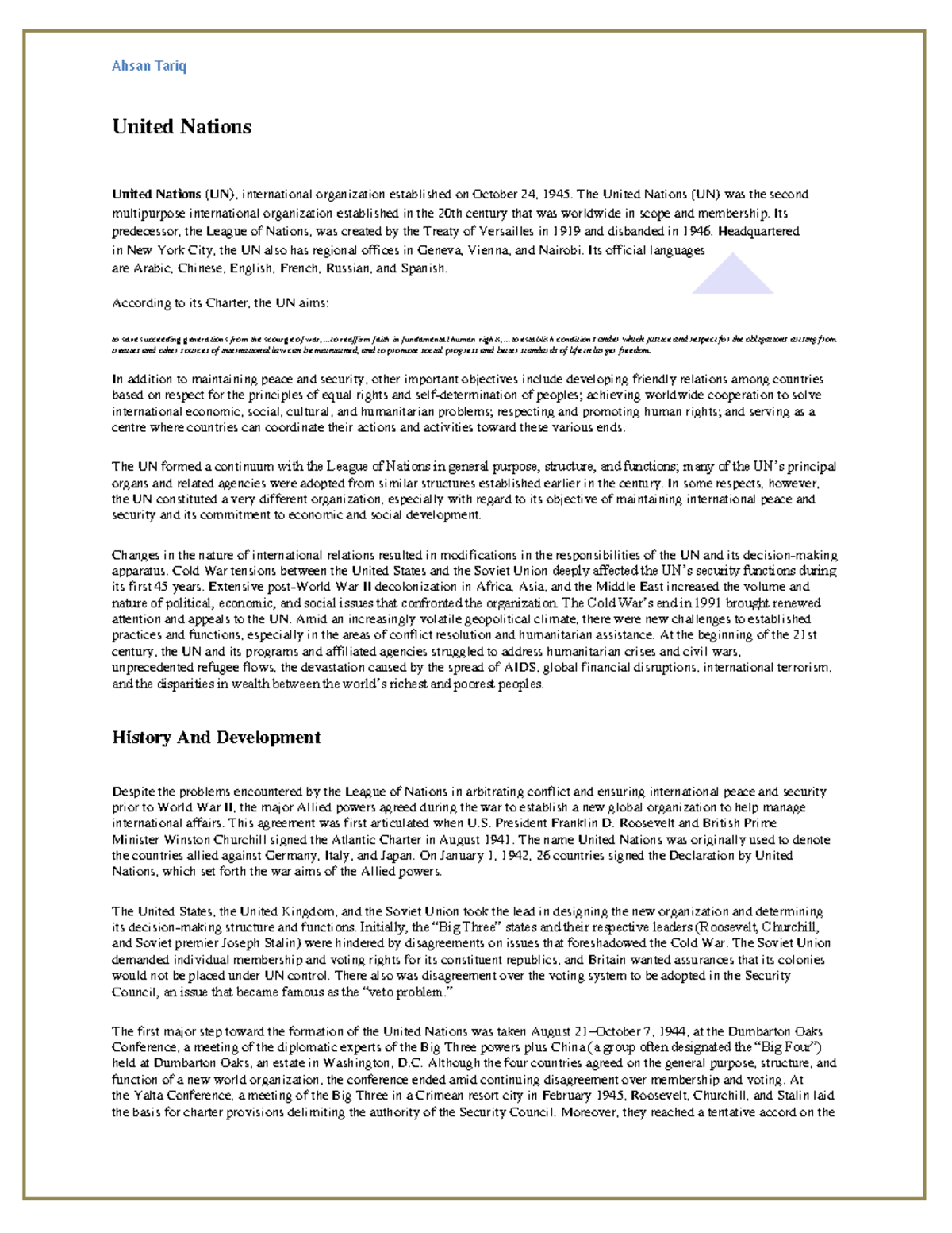 UN History and Development Notes by Ahsan: Key Aspects and Challenges ...
