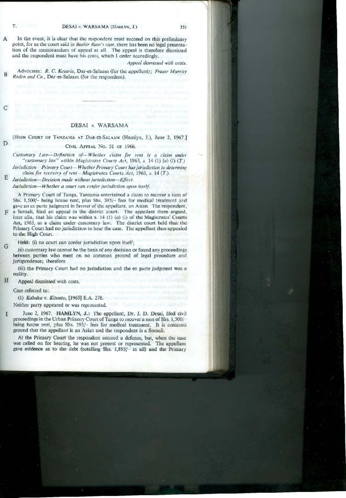 Desai v. Warsama: Court of Tanzania Civil Appeal No. 51 of 1966 - Studocu