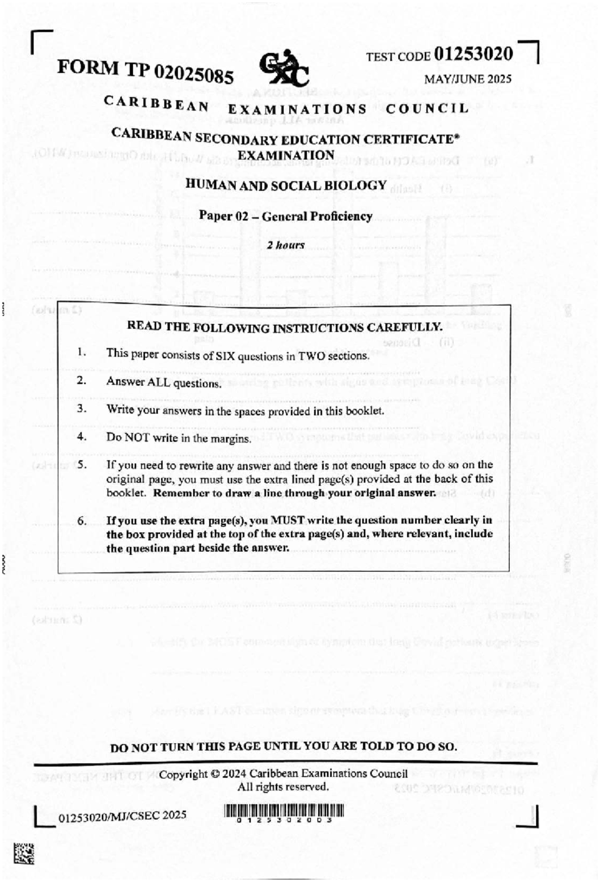 CSEC HSB Paper 2 June 2025 - Caribbean Secondary Education Exam - Studocu